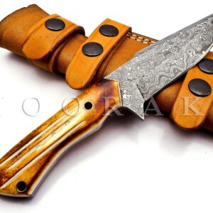 HK-326 Custom Handmade Damascus Steel Knife - Full Tang Fire Camel bone Handle, with Leather Sheath, Ideal Knife for Camping or everyday use