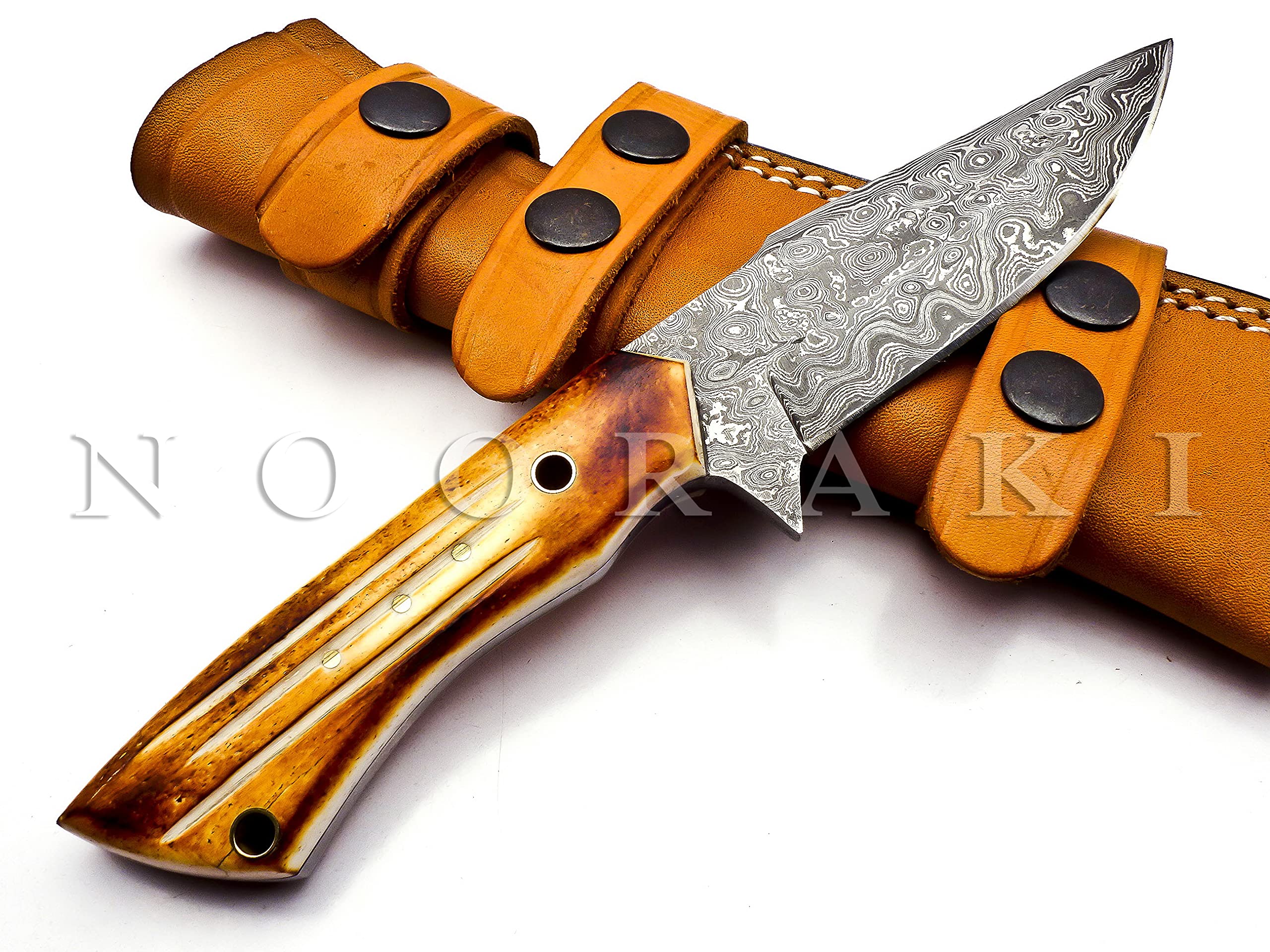 HK-326 Custom Handmade Damascus Steel Knife - Full Tang Fire Camel bone Handle, with Leather Sheath, Ideal Knife for Camping or everyday use