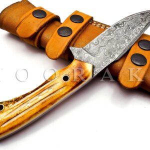 HK-326 Custom Handmade Damascus Steel Knife - Full Tang Fire Camel bone Handle, with Leather Sheath, Ideal Knife for Camping or everyday use