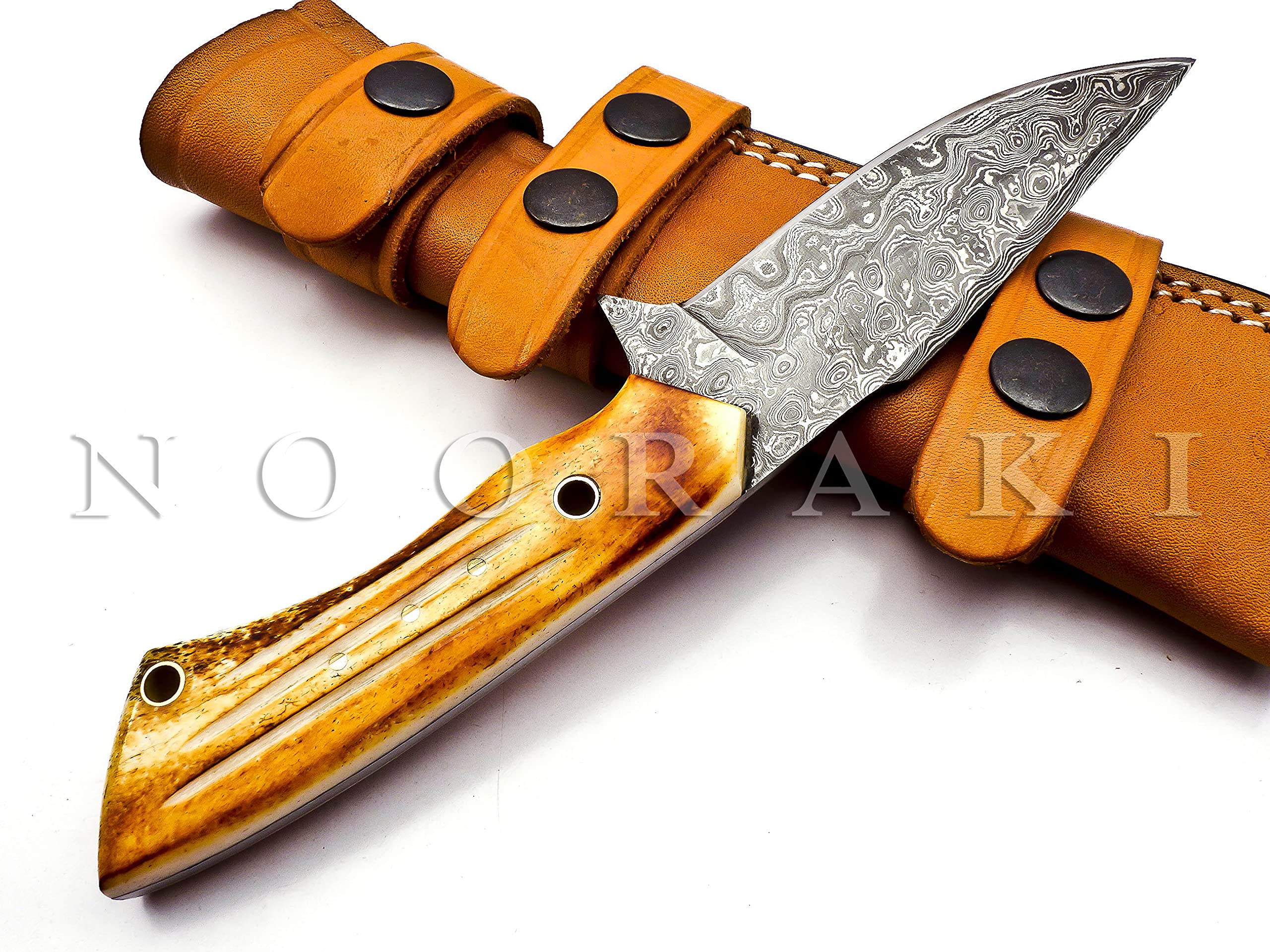 HK-326 Custom Handmade Damascus Steel Knife - Full Tang Fire Camel bone Handle, with Leather Sheath, Ideal Knife for Camping or everyday use