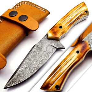 hk-326 custom handmade damascus steel knife - full tang fire camel bone handle, with leather sheath, ideal knife for camping or everyday use