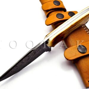 HK-326 Custom Handmade Damascus Steel Knife - Full Tang Fire Camel bone Handle, with Leather Sheath, Ideal Knife for Camping or everyday use