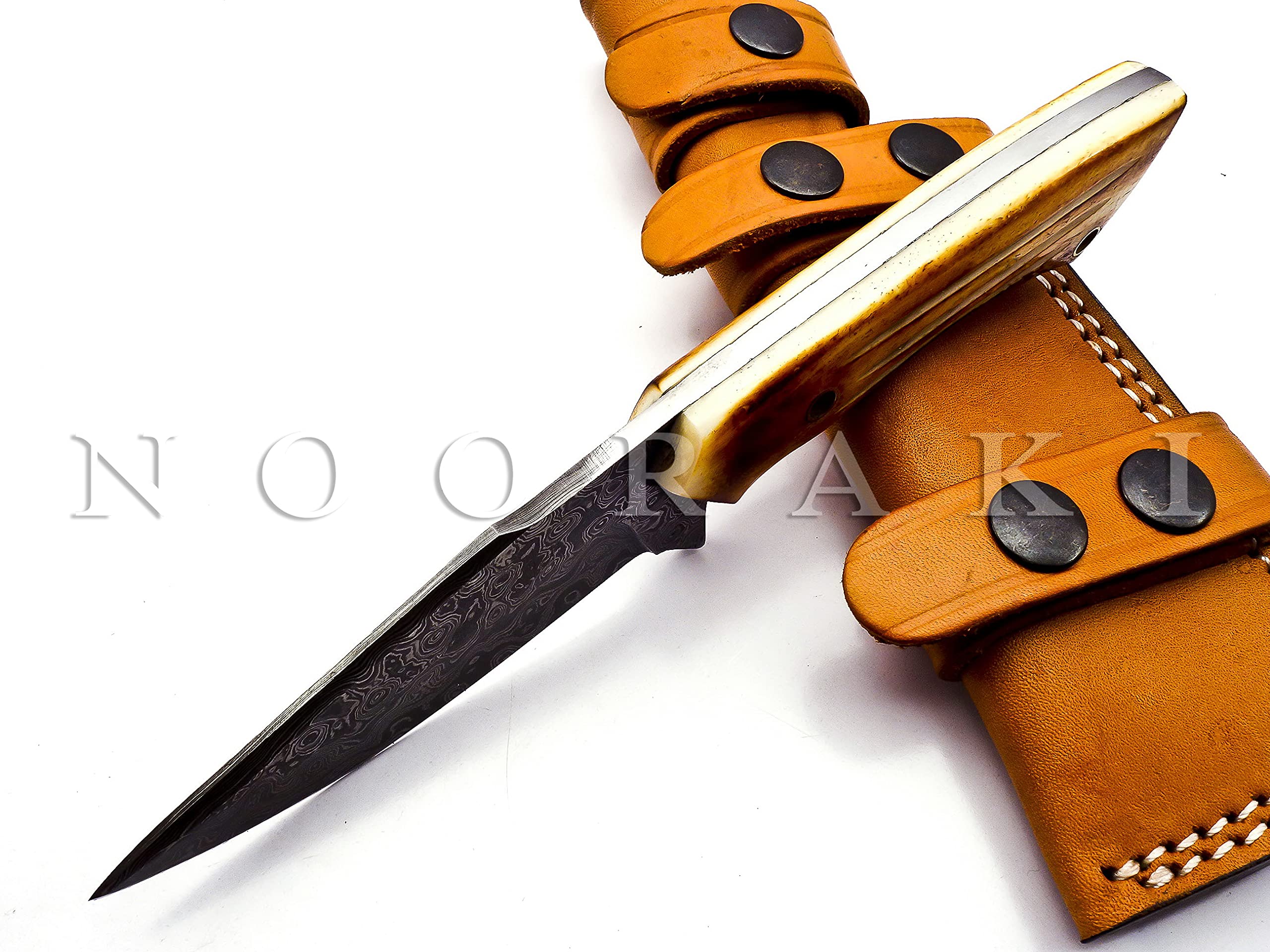 HK-326 Custom Handmade Damascus Steel Knife - Full Tang Fire Camel bone Handle, with Leather Sheath, Ideal Knife for Camping or everyday use