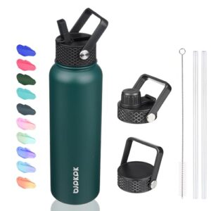 bjpkpk insulated water bottles with straw lid, 40oz stainless steel water bottles with 3 lids, large metal water bottle, bpa free leakproof thermos water bottle for sports & gym- army green