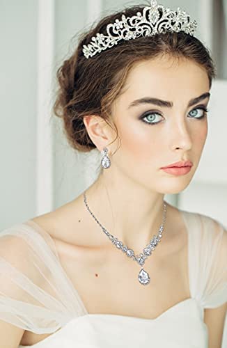 COCIDE Silver Jewelry Set for Women Crystal Tiara and Necklace Kit for Girls Rhinestone Crown Earrings Neck Accessories for Bride Wedding Birthday Party Bridal Prom Bridesmaid Dress up