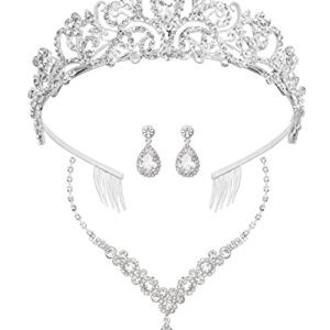 COCIDE Silver Jewelry Set for Women Crystal Tiara and Necklace Kit for Girls Rhinestone Crown Earrings Neck Accessories for Bride Wedding Birthday Party Bridal Prom Bridesmaid Dress up