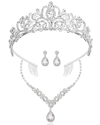 COCIDE Silver Jewelry Set for Women Crystal Tiara and Necklace Kit for Girls Rhinestone Crown Earrings Neck Accessories for Bride Wedding Birthday Party Bridal Prom Bridesmaid Dress up