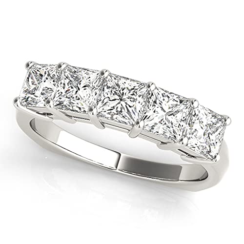 1 Carat (ctw) 14K White Gold Princess Cut 5 Stone Ring Diamond Wedding Band Value Collection (I-J Color I1-I2 Clarity)