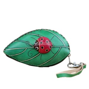 fanyixuan ladies leaf ladybug leather coin purse can put coin clutch bag handmade leather creative key case (green)