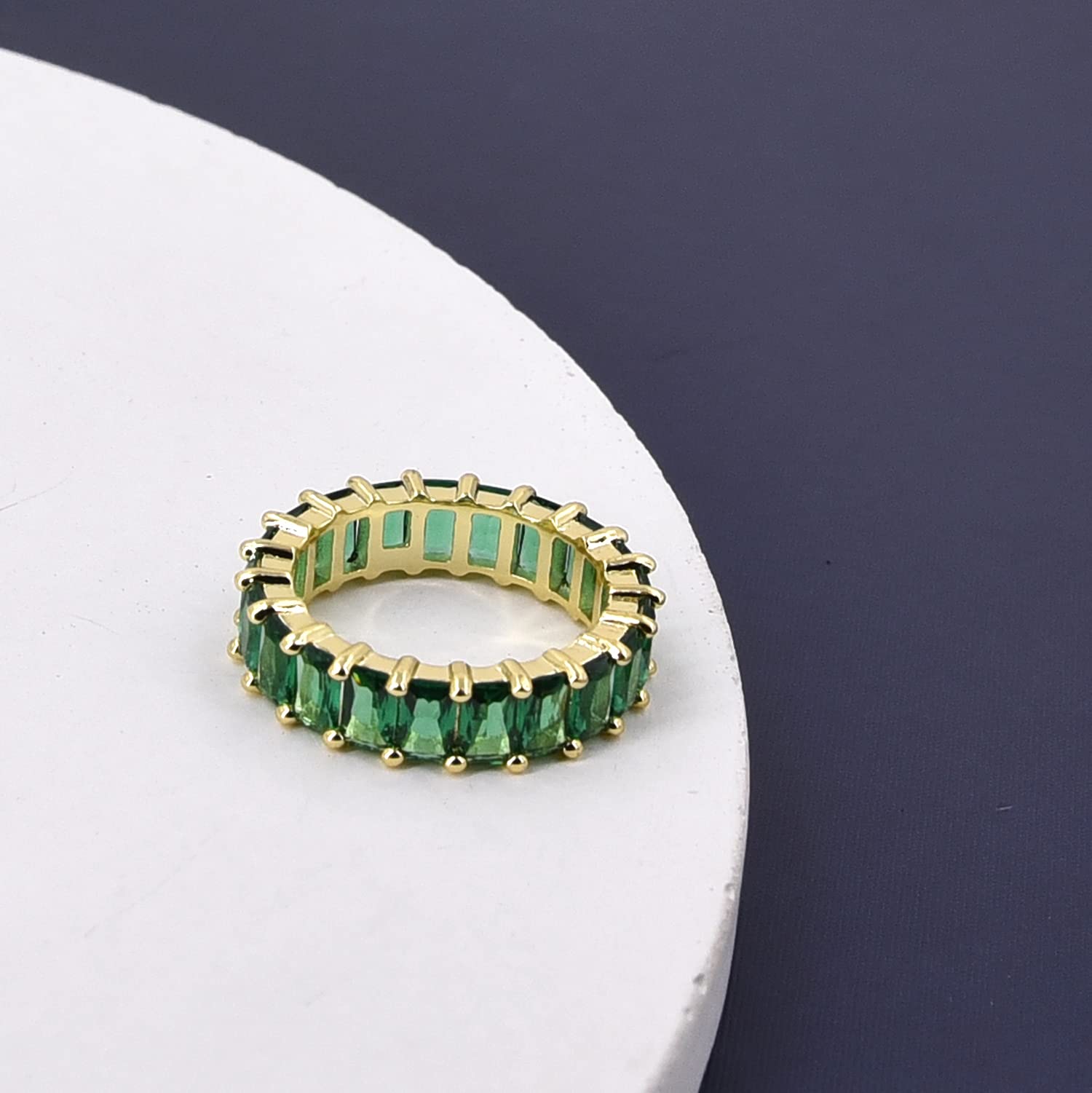 Nossa Green Emerald Band (5 Carat) 18K Gold Plated Claw Prong | Rectangle Emerald Cut Eternity Band CZ Ring Size 8