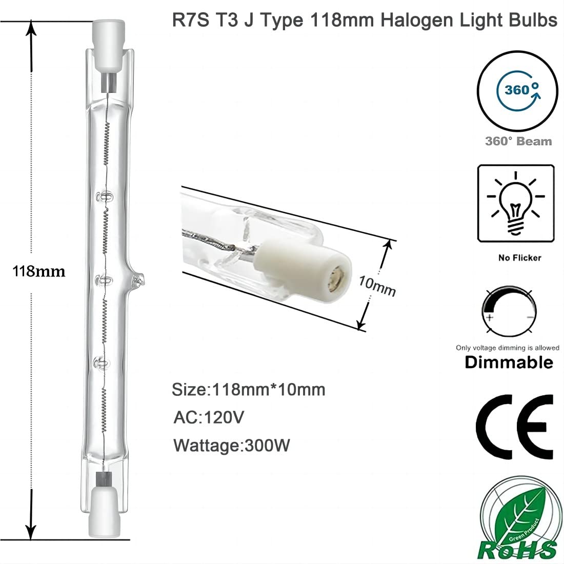 CMYBEN 4 Pack Halogen R7S 118mm 300W 120V Dimmable 4500lm Beam Angle J-Type Double Ended Floodlight Bulb 360° Warm White 2700K