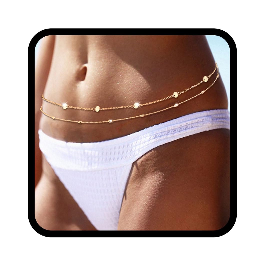 Cosydays Boho Sequins Belly Chain Gold Beads Waist Chains Layered Beach Bikini Waist Jewelry Accessories for Women and Girls