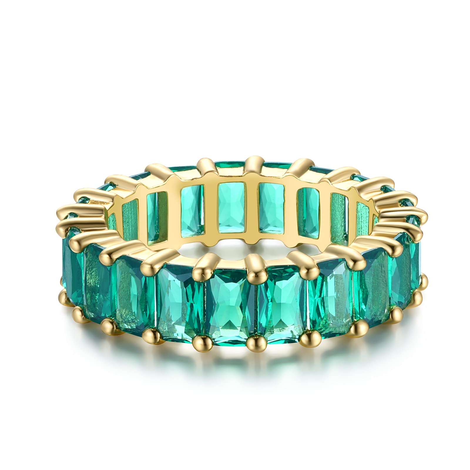 Nossa Green Emerald Band (5 Carat) 18K Gold Plated Claw Prong | Rectangle Emerald Cut Eternity Band CZ Ring Size 8