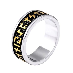 viking rune ring with elder futhark runes norse ring scandinavian jewelry (steel color and gold, 10)