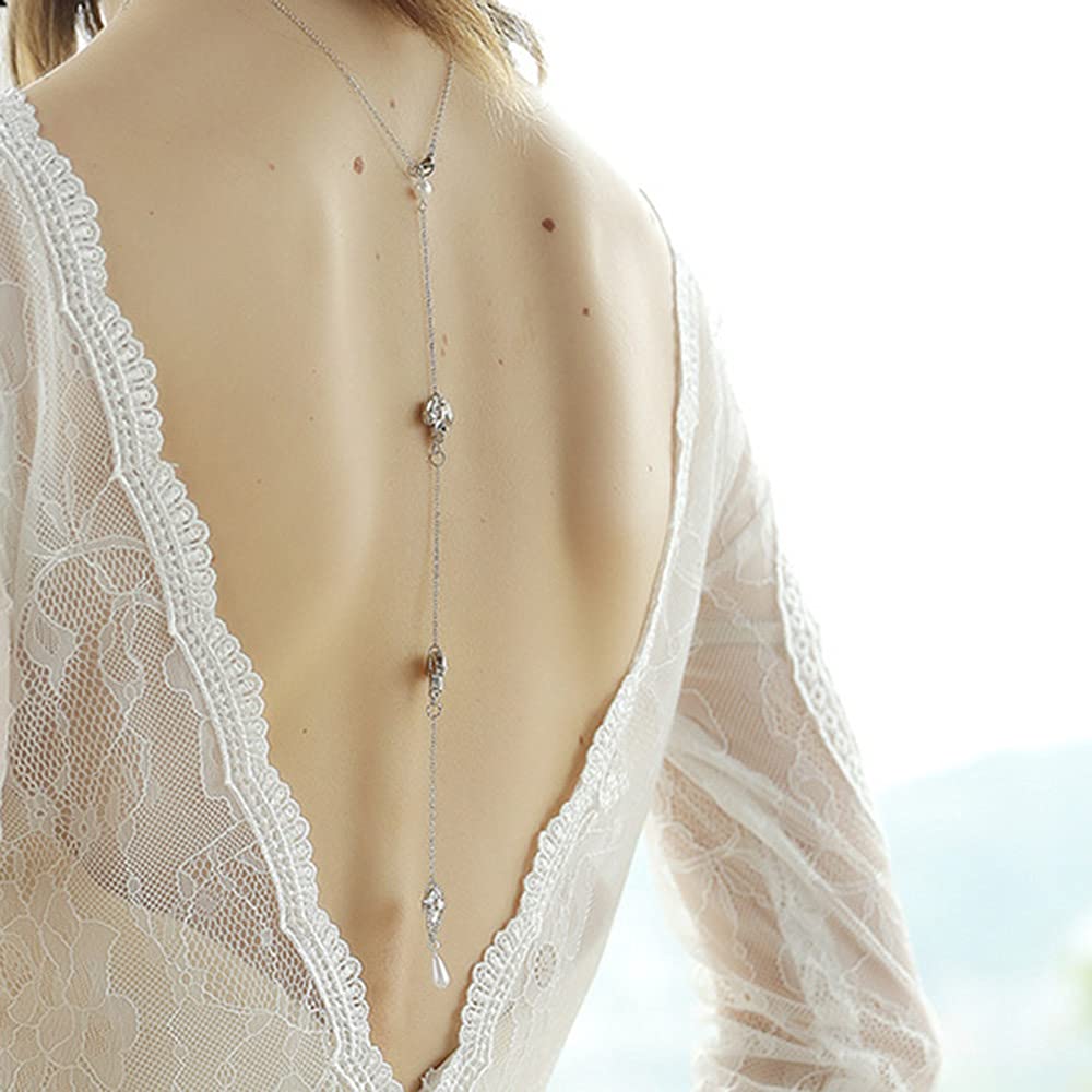 YERTTER Wedding Bridal Back Necklace Silver Rhinestone Backdrop Necklace Body Chain Crystal Wedding Prom Brithday Party