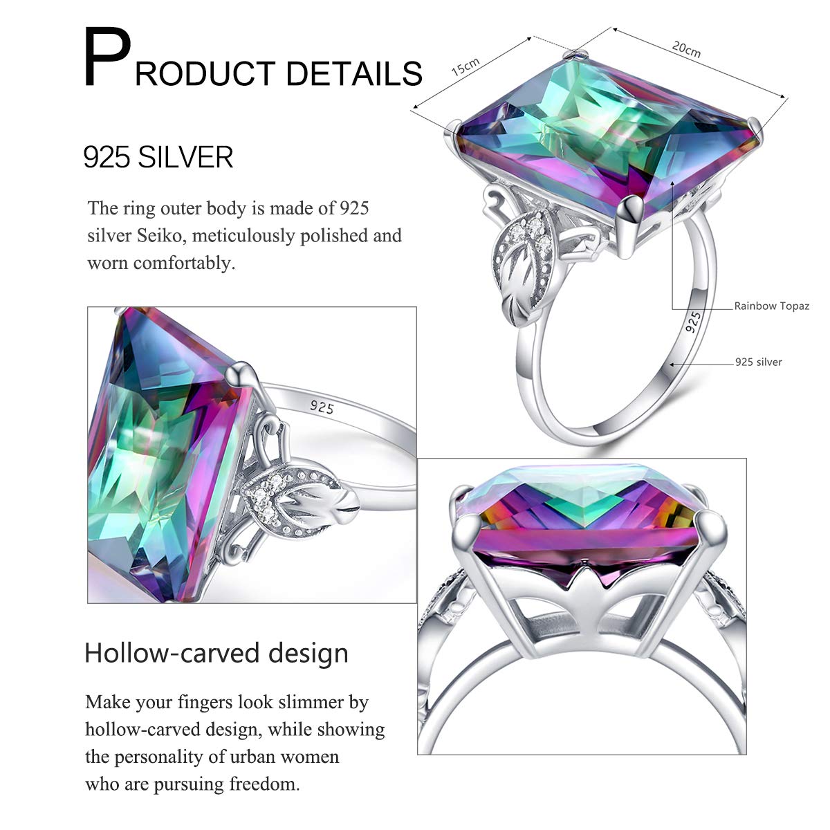 SZJINAO Vintage Silver 925 Rings for Women Mystic Fire Rainbow Topaz Huge Square Stone Ring Wife Lady Mom Birthday Gift Silver Jewelry