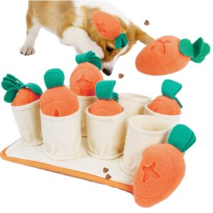 meijiem snuffle mat for dogs,durable interactive dog puzzle toy,11.41'' x 7.8'' with 8 carrot chew squeakers | puppy approved for training and stress relief encourages natural foraging skills