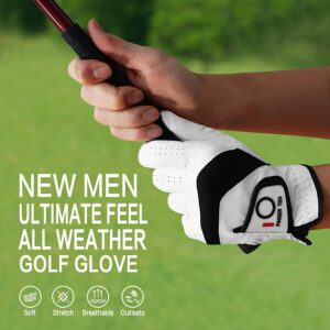 Amy Sport Golf Gloves Men Left Hand 3 Pack Right Hand Leather All Weather Grip Soft Breathable Flexible for Golfers Size Small Medium ML Large XL (White-3 Pack, X/Large, Worn on Left Hand)