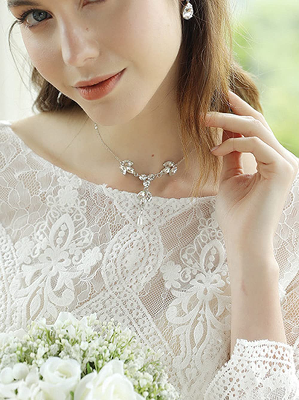 YERTTER Wedding Bridal Back Necklace Silver Rhinestone Backdrop Necklace Body Chain Crystal Wedding Prom Brithday Party