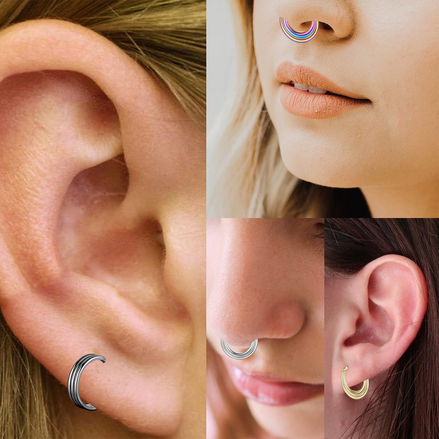 JINSAWW 2Pcs 16G Triple Stacked Septum Clicker Ring Surgical Steel Hinge Nose Rings Clicker Daith Helix Earring Piercing Jewelry