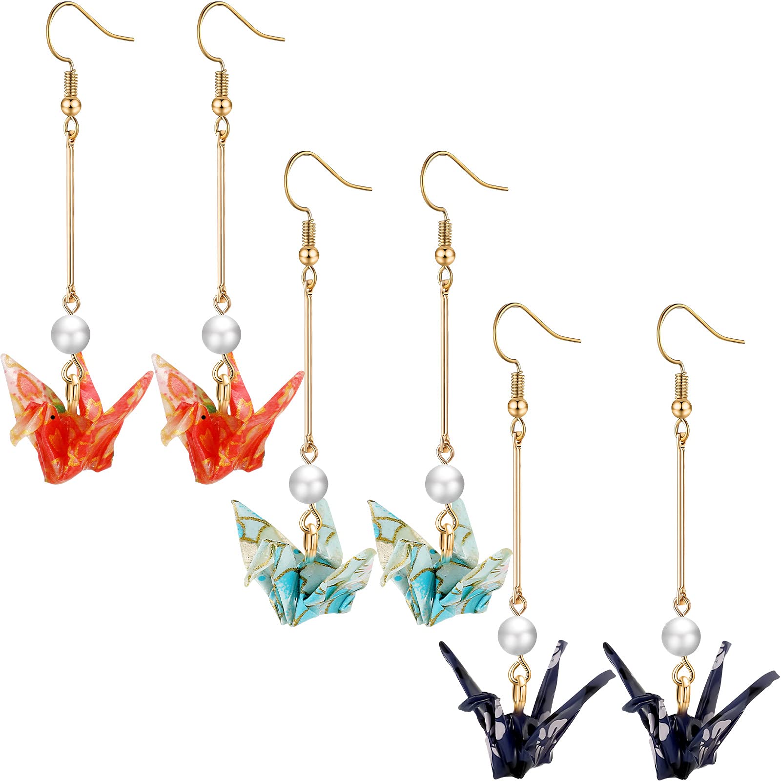 3 Pairs Origami Earrings Good Luck Paper Crane Dangle Earrings Origami Tassel Earrings Cute Bird Handmade Drop Earrings for Women Wedding Party Accessories(Classic Style)