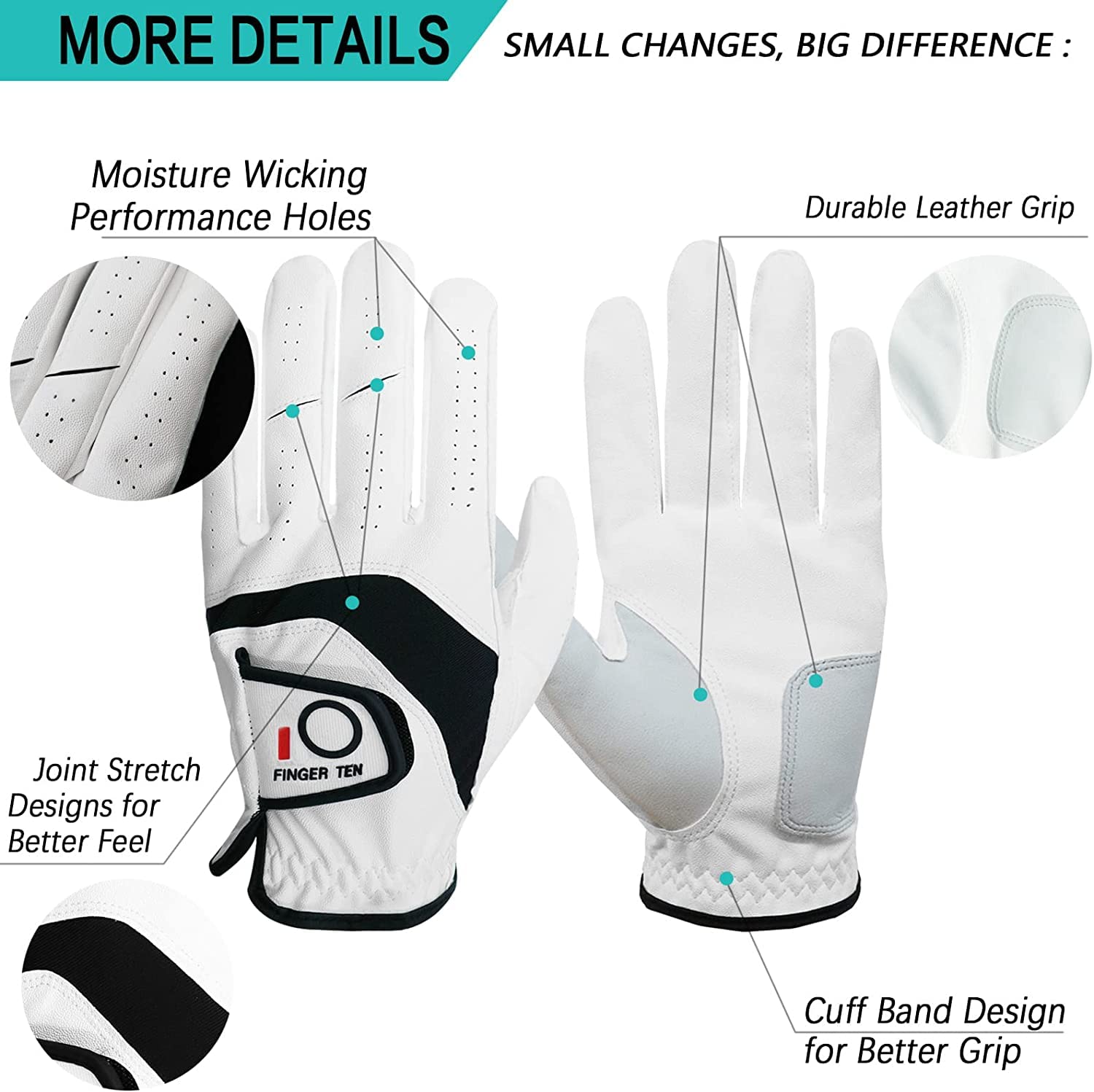 Amy Sport Golf Gloves Men Left Hand 3 Pack Right Hand Leather All Weather Grip Soft Breathable Flexible for Golfers Size Small Medium ML Large XL (White-3 Pack, X/Large, Worn on Left Hand)