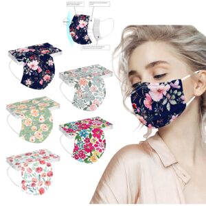 healt 50pc flower disposable face_masks with designs for spring summer, 3-ply floral facemasks with nose wire for women men, multicolor