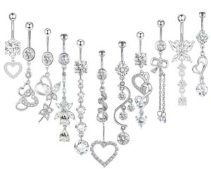 tianci fbyjs 14g women belly button rings surgical stainless steel dangle belly rings 10mm heart belly piercings flower butterfly navel jewelry 11pcs (silver)