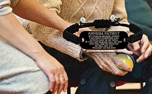 Dementia Identification Bracelet - Free Dark Laser Engraving Custom Personalized Handmade Black Matte Onyx Bracelet for Men Women (Black Braided String)…