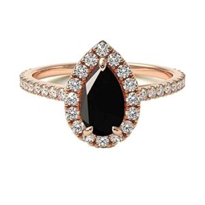 gemsonclick natural-black onyx 18k rose gold ring pear shape halo diamond design wedding engagement handmade and fashion jewelry for women girl available in size 7