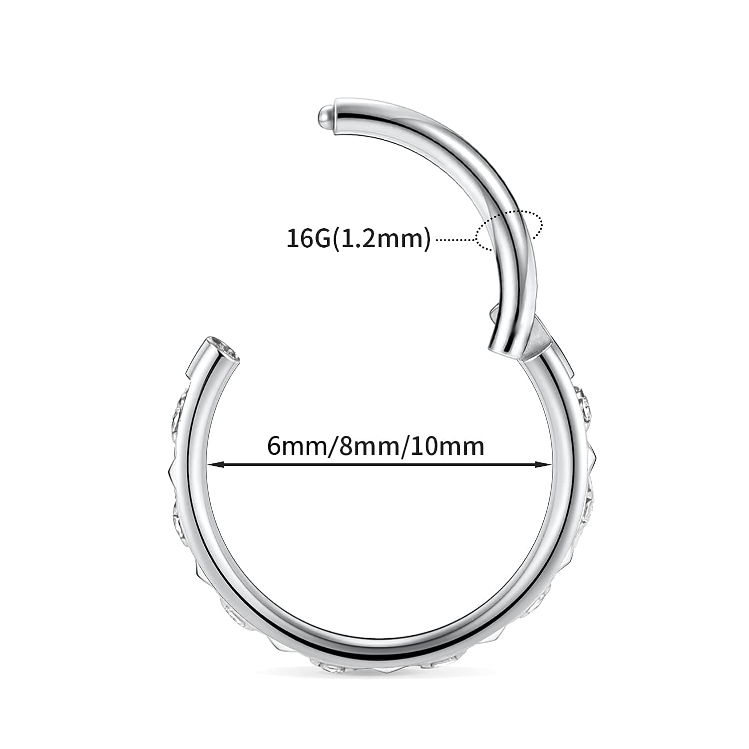 PEAKLINK 16G Septum Clicker Ring Conch Hoop Ring Surgical Steel Daith Earrings Clicker Nose Ring Helix Hinged Segment Ring Conch Ring Silver Cartilage Lobe Lip Tragus Piercing Jewelry 6mm