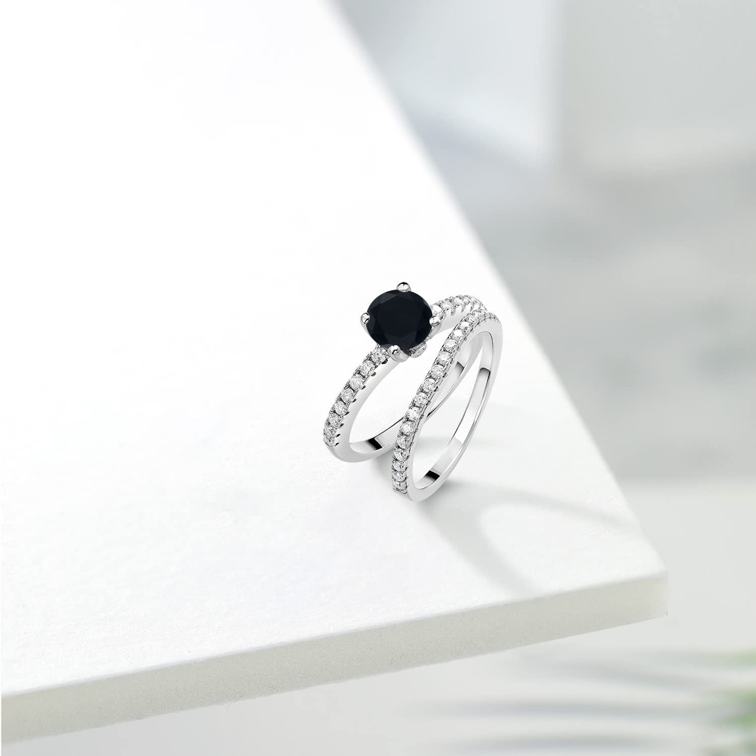 Gem Stone King 925 Sterling Silver Black Onyx and White Moissanite Wedding Engagement Band Bridal Set Ring For Women (1.29 Cttw, Gemstone December Birthstone, Available In Size 5, 6, 7, 8, 9)