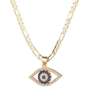 kelistom evil eye necklace for women | 18k gold plated cubic zirconia inlay evil eye pendant necklace | 3mm figaro chain necklace 18/22 inches (length: 18", eye-1)