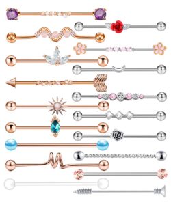 tianci fbyjs 18pcs 14g surgical steel rose gold industrial piercings barbell for women men cartilage industrial earring conch industrial bar jewelry 1 1/2 inch 38mm