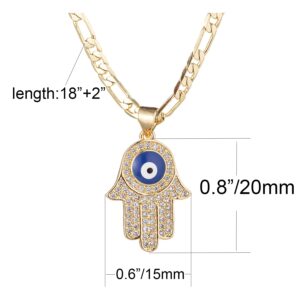 kelistom 14K Gold Plated Evil Eye Hamsa Hand Necklace for Women Men | Gold Cubic Zirconia Inlay Evil Eye Pendant Necklace | 3mm Figaro Chain Necklace 18/22 inches