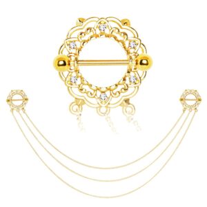 1 14 gauge 3/4 inch barbell gold ip stainless steel triple chain floral nipple shields piercing jewelry f201