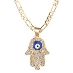 kelistom 14k gold plated evil eye hamsa hand necklace for women men | gold cubic zirconia inlay evil eye pendant necklace | 3mm figaro chain necklace 18/22 inches