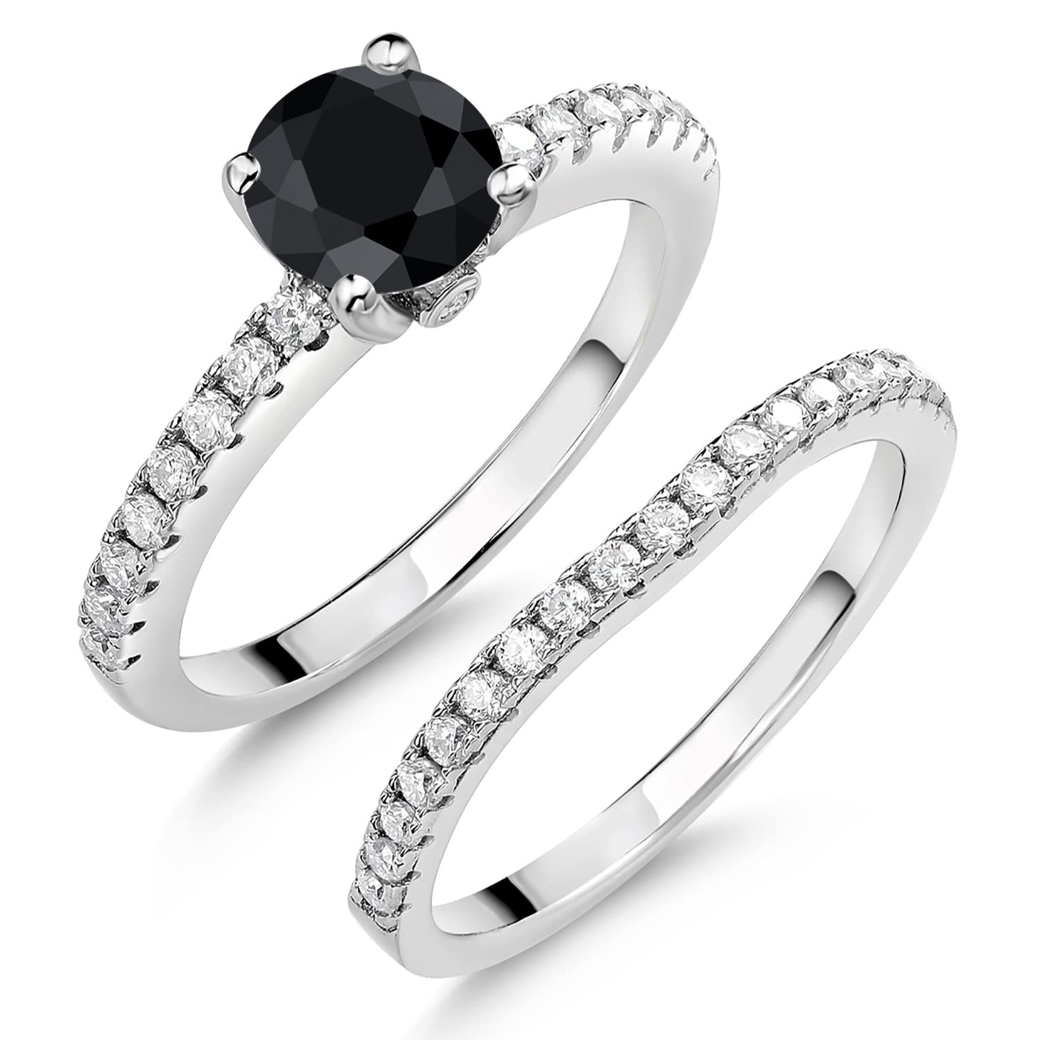 Gem Stone King 925 Sterling Silver Black Sapphire and White Moissanite Wedding Engagement Band Bridal Set Ring For Women (1.64 Cttw, Gemstone September Birthstone, Available In Size 5, 6, 7, 8, 9)