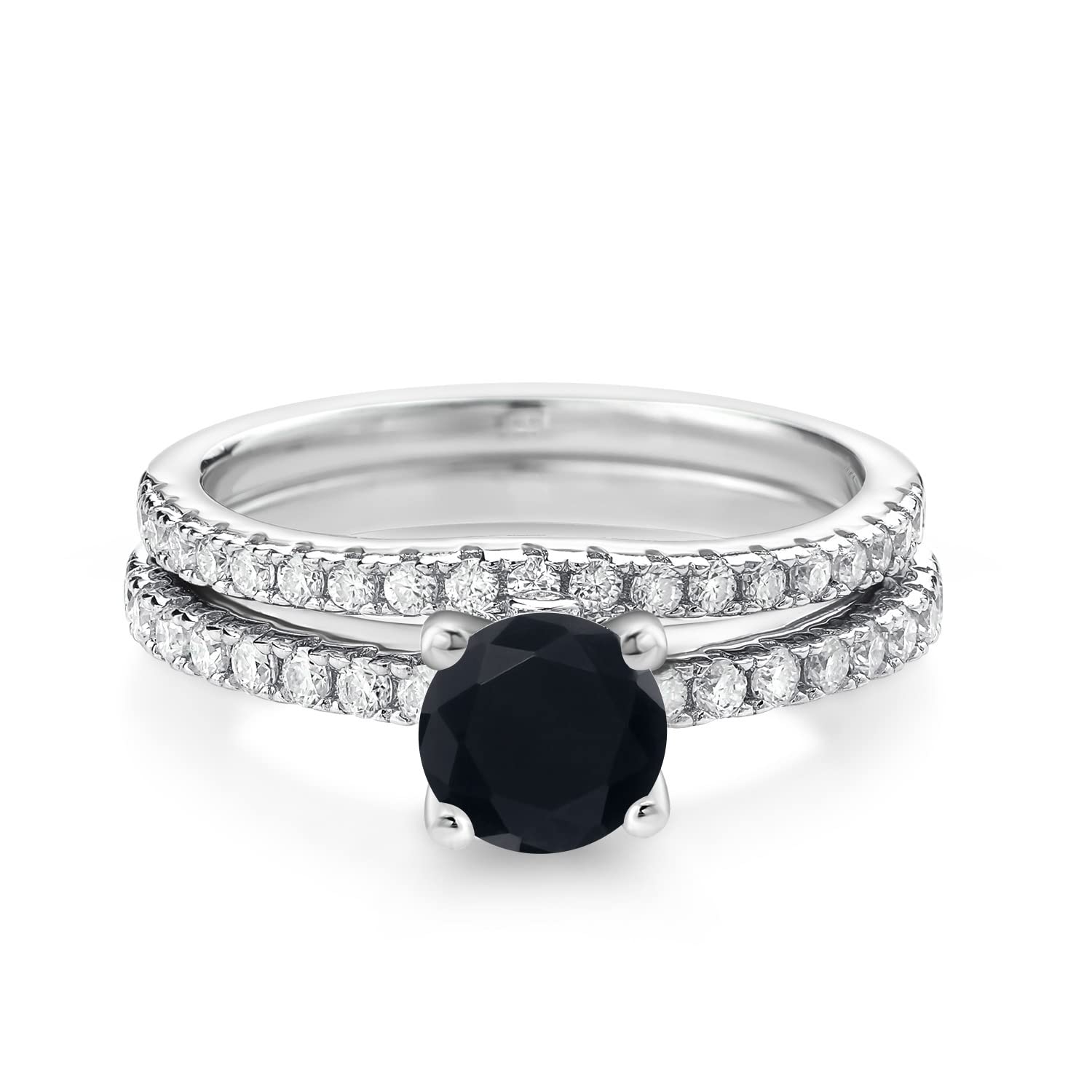 Gem Stone King 925 Sterling Silver Black Onyx and White Moissanite Wedding Engagement Band Bridal Set Ring For Women (1.29 Cttw, Gemstone December Birthstone, Available In Size 5, 6, 7, 8, 9)