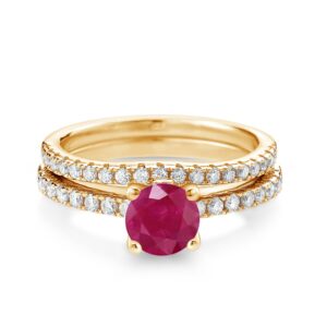 Gem Stone King 18K Yellow Gold Plated Silver Red Ruby and White Moissanite Wedding Engagement Band Bridal Set Ring For Women (1.49 Cttw, Gemstone July Birthstone, Available In Size 5, 6, 7, 8, 9)