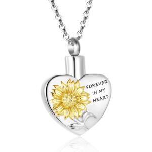 romc locu sunflower heart ashes urn locket necklace 316l stainless steel daisy flower urn necklace for ashes memorial keepsake jewelry for women friends (silver)