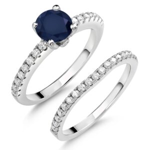 Gem Stone King 925 Sterling Silver Blue Sapphire and White Moissanite Wedding Engagement Band Bridal Set Ring For Women (1.59 Cttw, Gemstone September Birthstone, Available In Size 5, 6, 7, 8, 9)