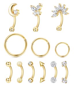 ubjuliwa 12pcs 16g rook piercing jewelry eyebrow rings stainless steel belly lip ring cartilage hoop rook daith earrings tragus cz body piercing curved barbell