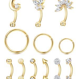 Ubjuliwa 12pcs 16G Rook Piercing Jewelry Eyebrow Rings Stainless Steel Belly Lip Ring Cartilage Hoop Rook Daith Earrings Tragus CZ Body Piercing Curved Barbell