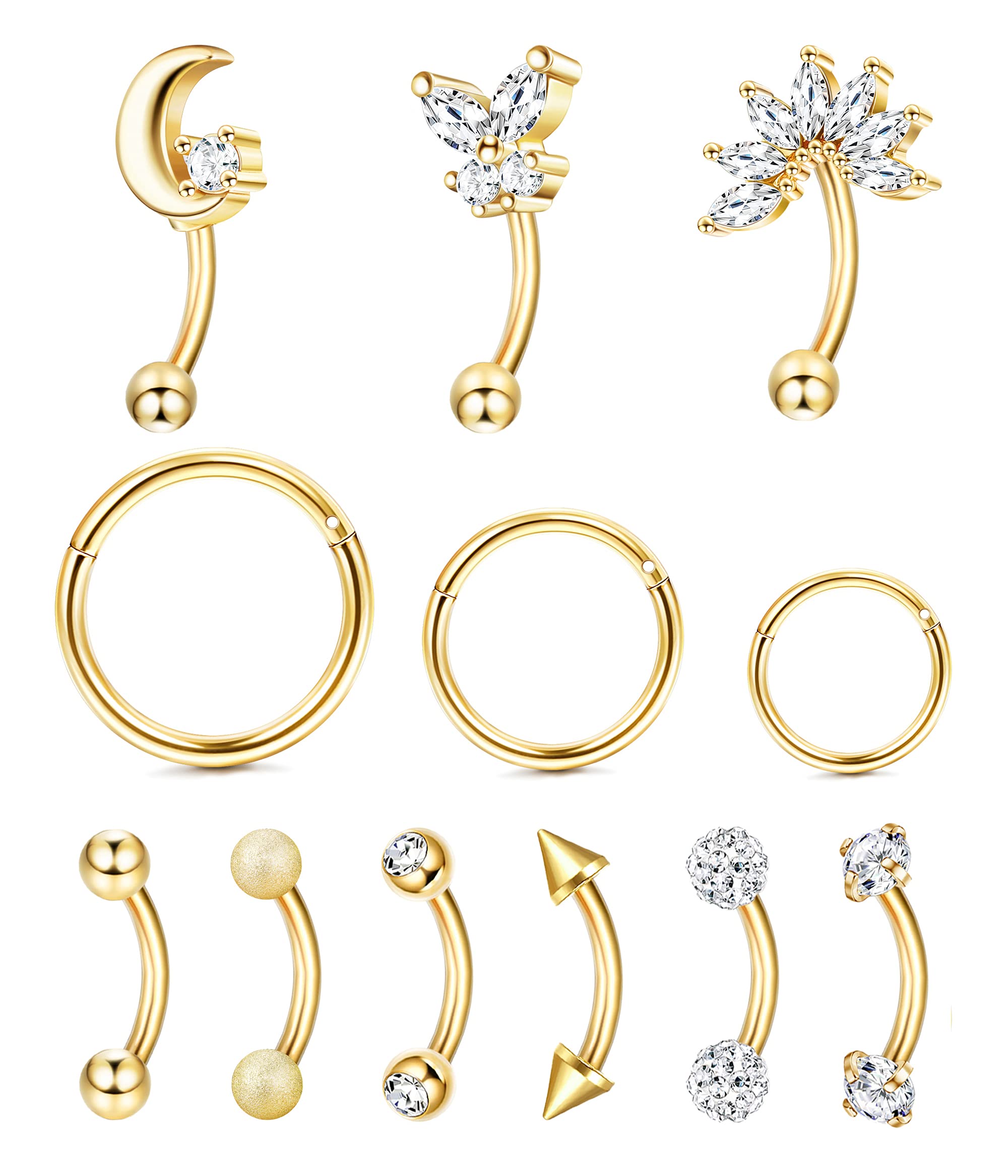 Ubjuliwa 12pcs 16G Rook Piercing Jewelry Eyebrow Rings Stainless Steel Belly Lip Ring Cartilage Hoop Rook Daith Earrings Tragus CZ Body Piercing Curved Barbell