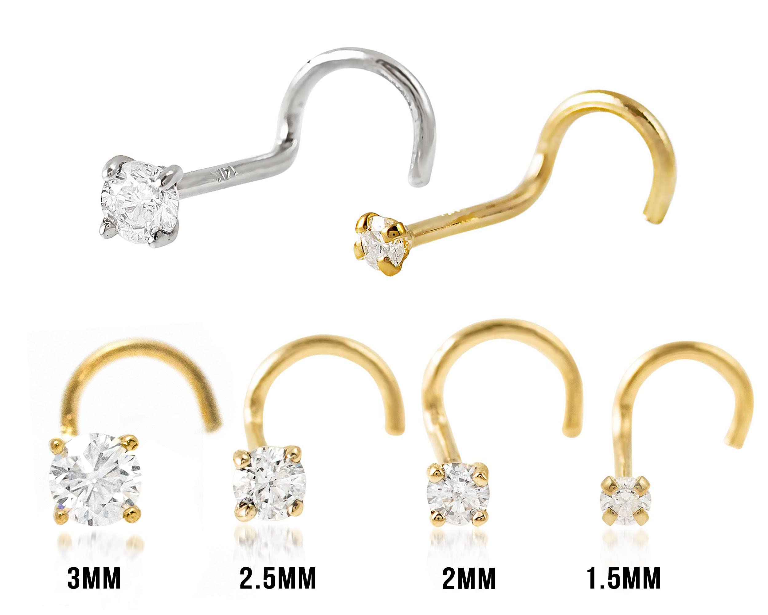 Solid 14Kt Gold Moissanite Stud Nose Ring - 22G Nose Screw Stud - Twisted Nose Ring - April Birthstone Nose Stud-NSWG-MNT2