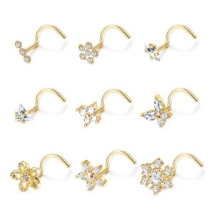 bodybonita 9pcs 20g nose rings studs with big bling cz snowflake star top surgical steel l-shaped nose studs triple linear gem ball round diamond cz nose piercing jewelry 7mm(ag)