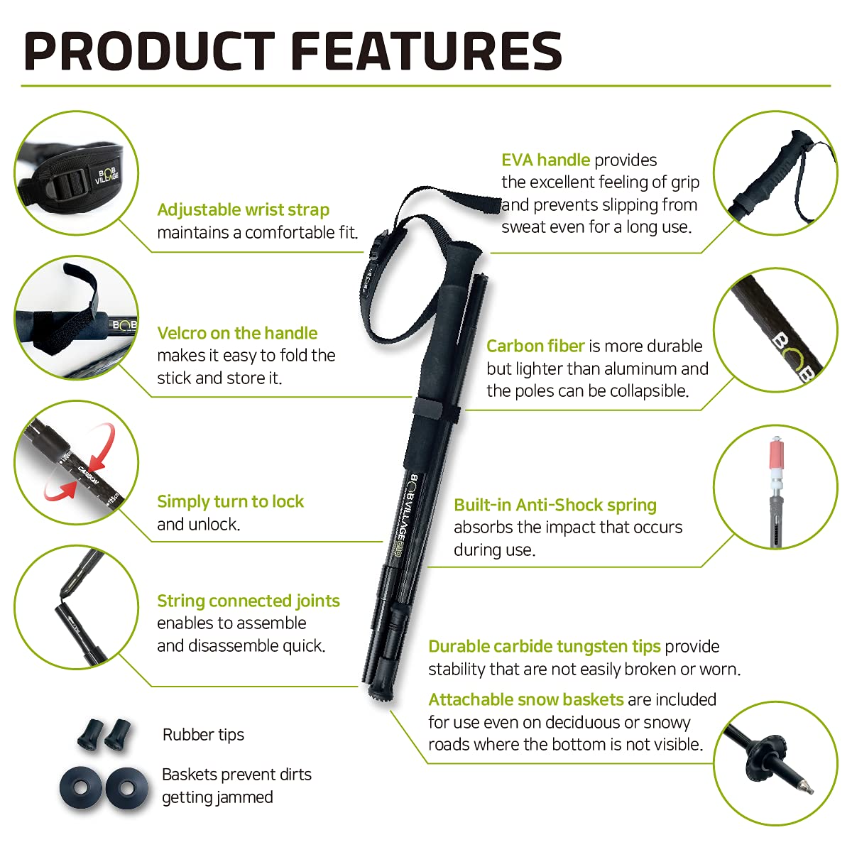 BOBVILLAGE Carbon Fiber Adjustable Trekking Poles, Premium Lightweight Foldable Shock-Absorbent Hiking Walking Sticks for Backpacking Camping & Trail Running 51IN[Black]