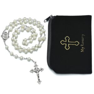 8mm rosary beads necklace white glass pearl catholic prayer alloy cross necklaces with jesus crucifix fit for girls women religious gifts rosaries(customized velvet bag)