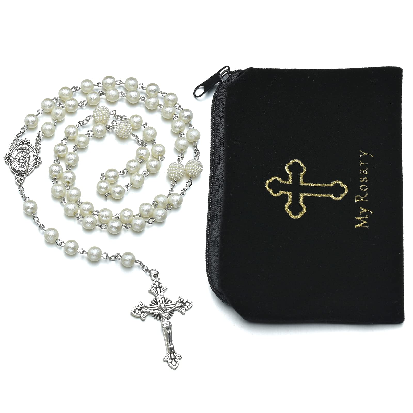 8mm Rosary Beads Necklace White Glass Pearl Catholic Prayer Alloy Cross Necklaces with Jesus Crucifix Fit for Girls Women Religious Gifts Rosaries(Customized velvet bag)